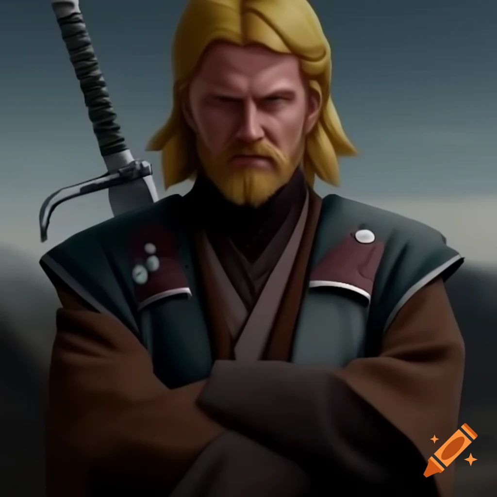 Minato namikaze and obi wan kenobi fusion in templar knight and saiyan armor with sword on Craiyon