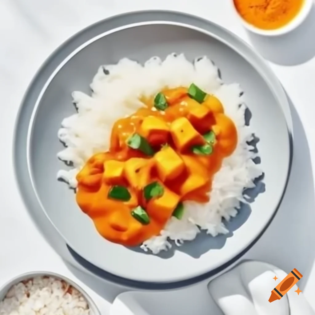 Plate of basmati rice with orange curry sauce and tofu, garnished with ...
