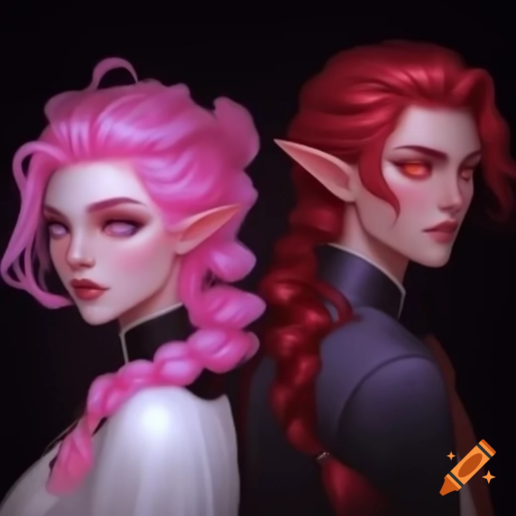 Fantasy scene with two colorful demons, one with pink hair and white ...