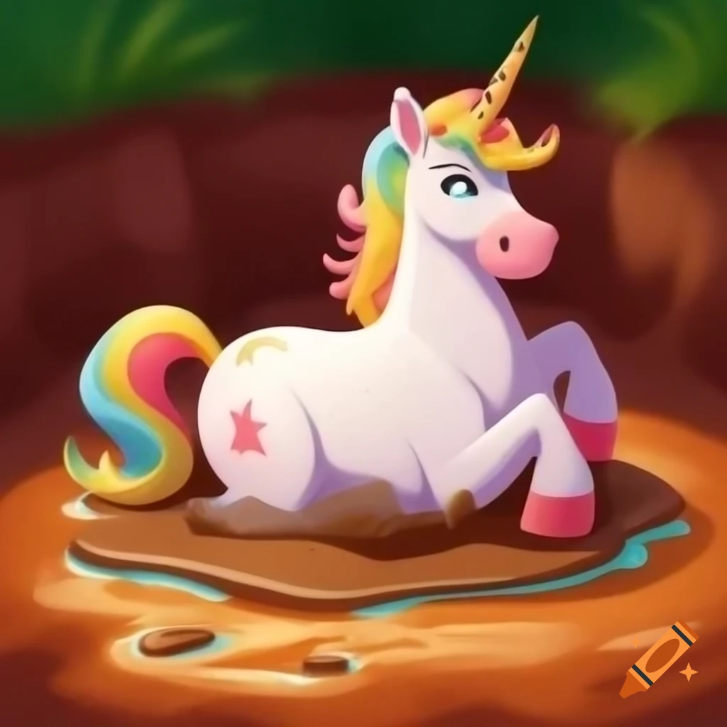 Disney-styled colorful white unicorn blushing in mud pit on Craiyon