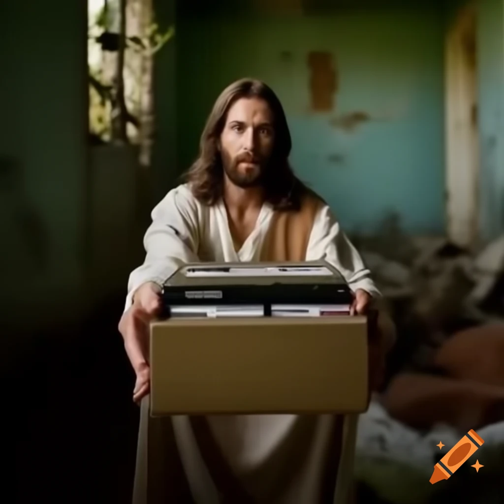 Jesus holding worn box of vhs tapes in a dilapidated home on Craiyon