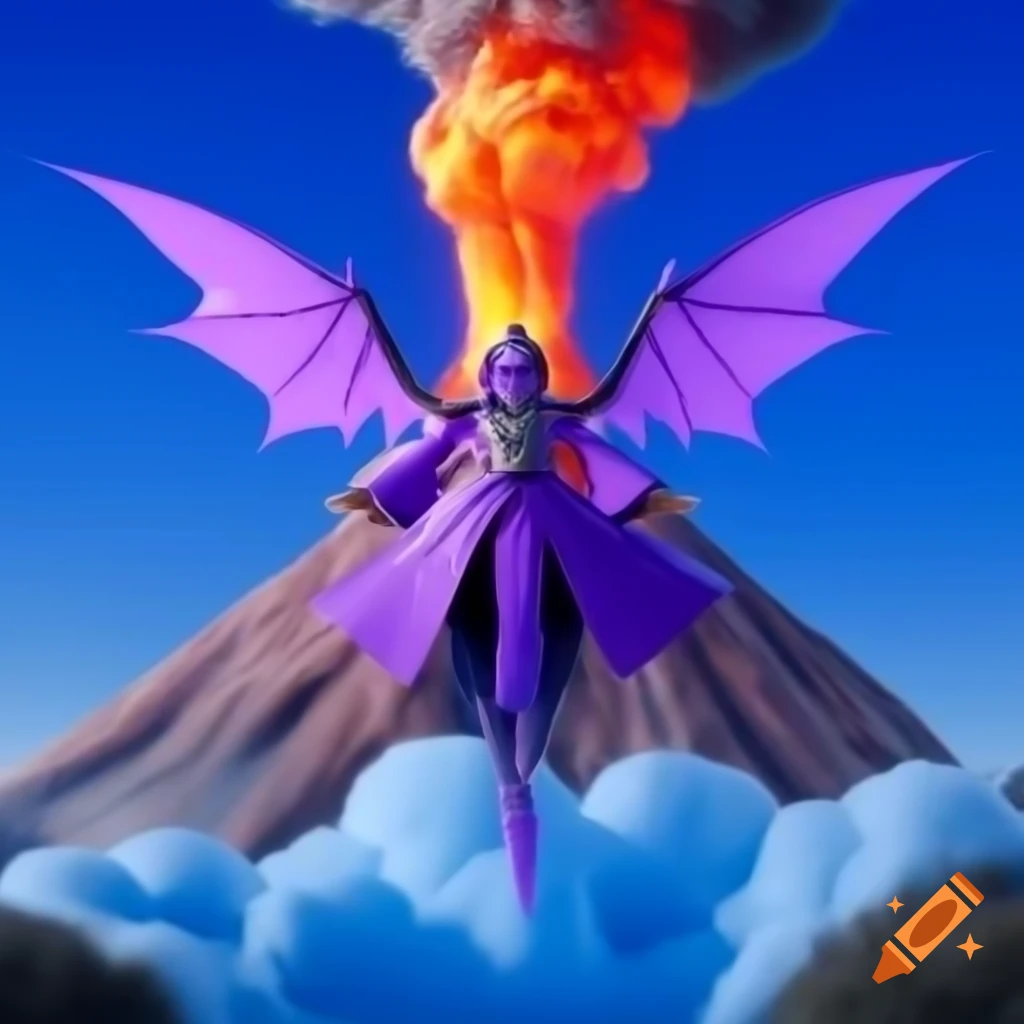 Purple warlock flying on blue cloud with erupting volcano behind on Craiyon