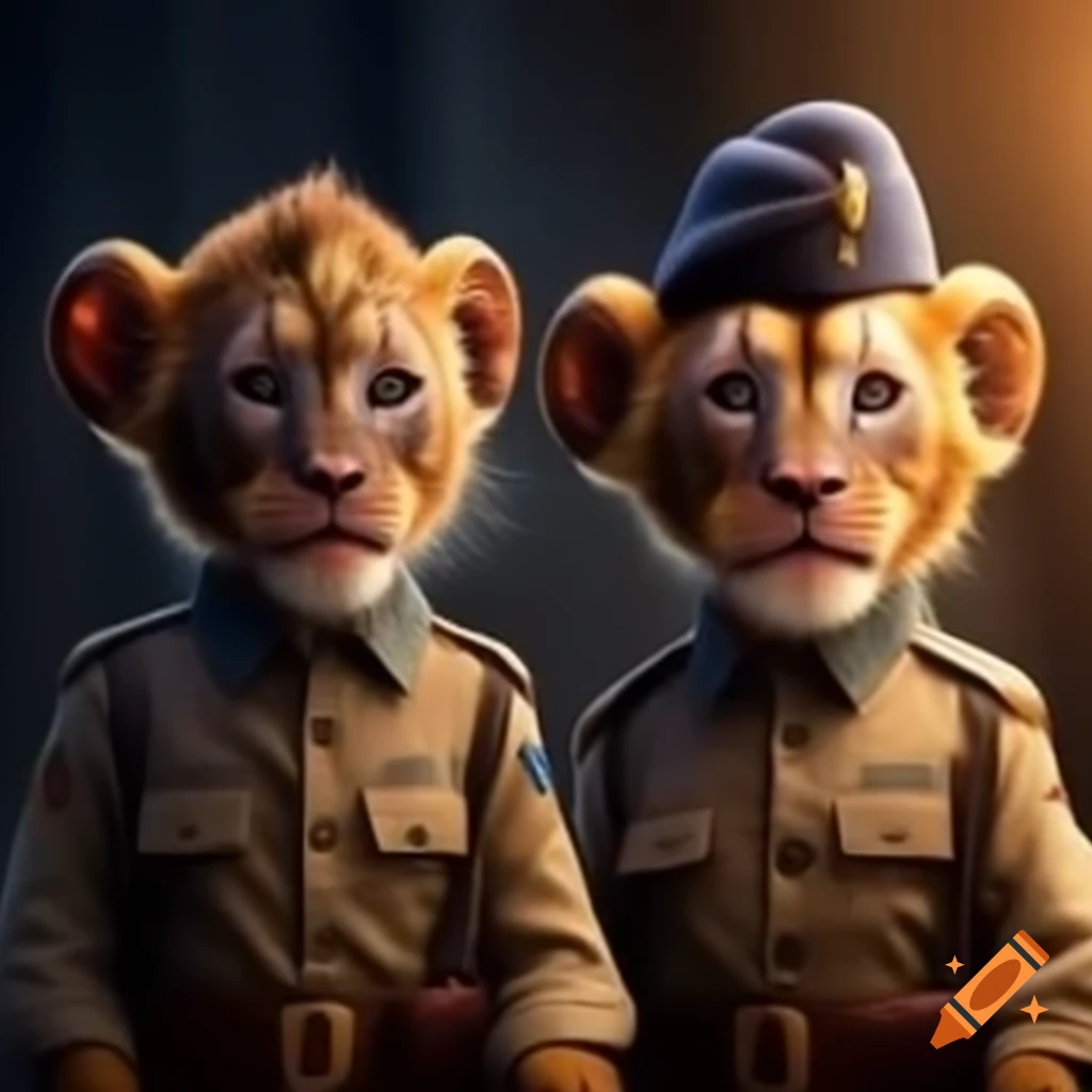 Monkey and lion cub in military uniforms saluting with determination on ...