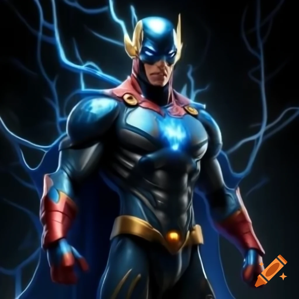 Superhero in metallic blue and gold suit with glowing neuron-like ...