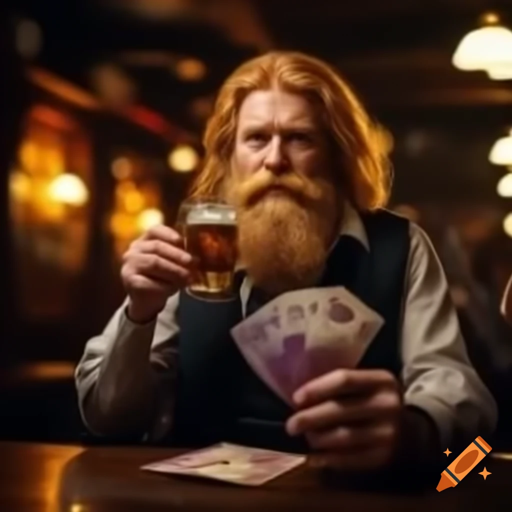 Large ginger-haired man with beard in pub holding 20 pound note on Craiyon