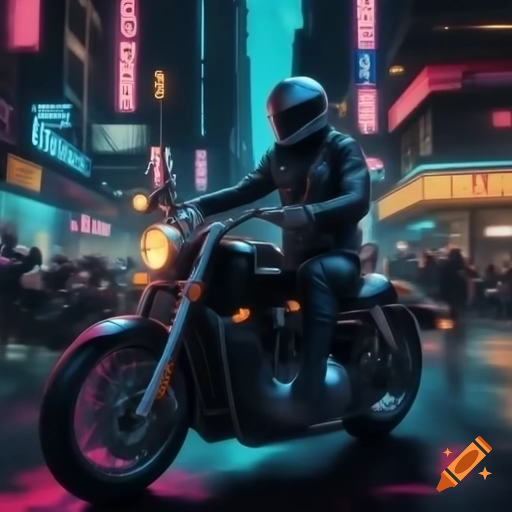 Biker in sleek riding gear navigating vibrant city streets at midnight ...