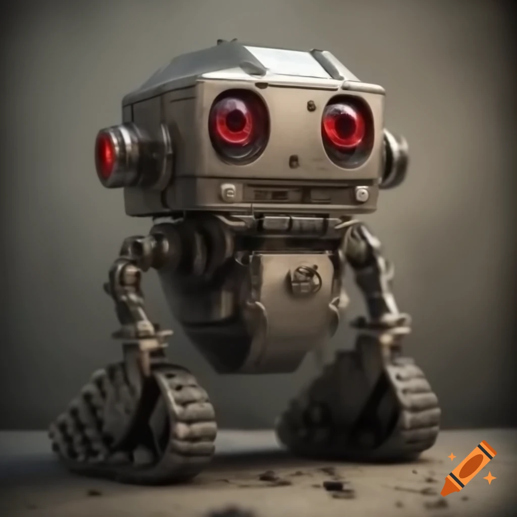 Humanoid dwarf robot made of stainless steel with wine red eyes on Craiyon