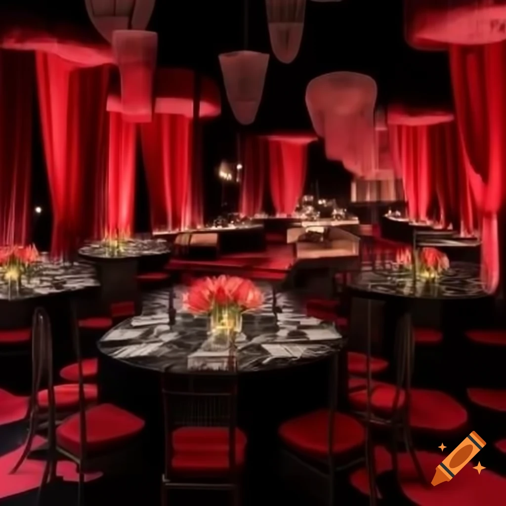 Elegant black and red gala decor with moody lighting on Craiyon