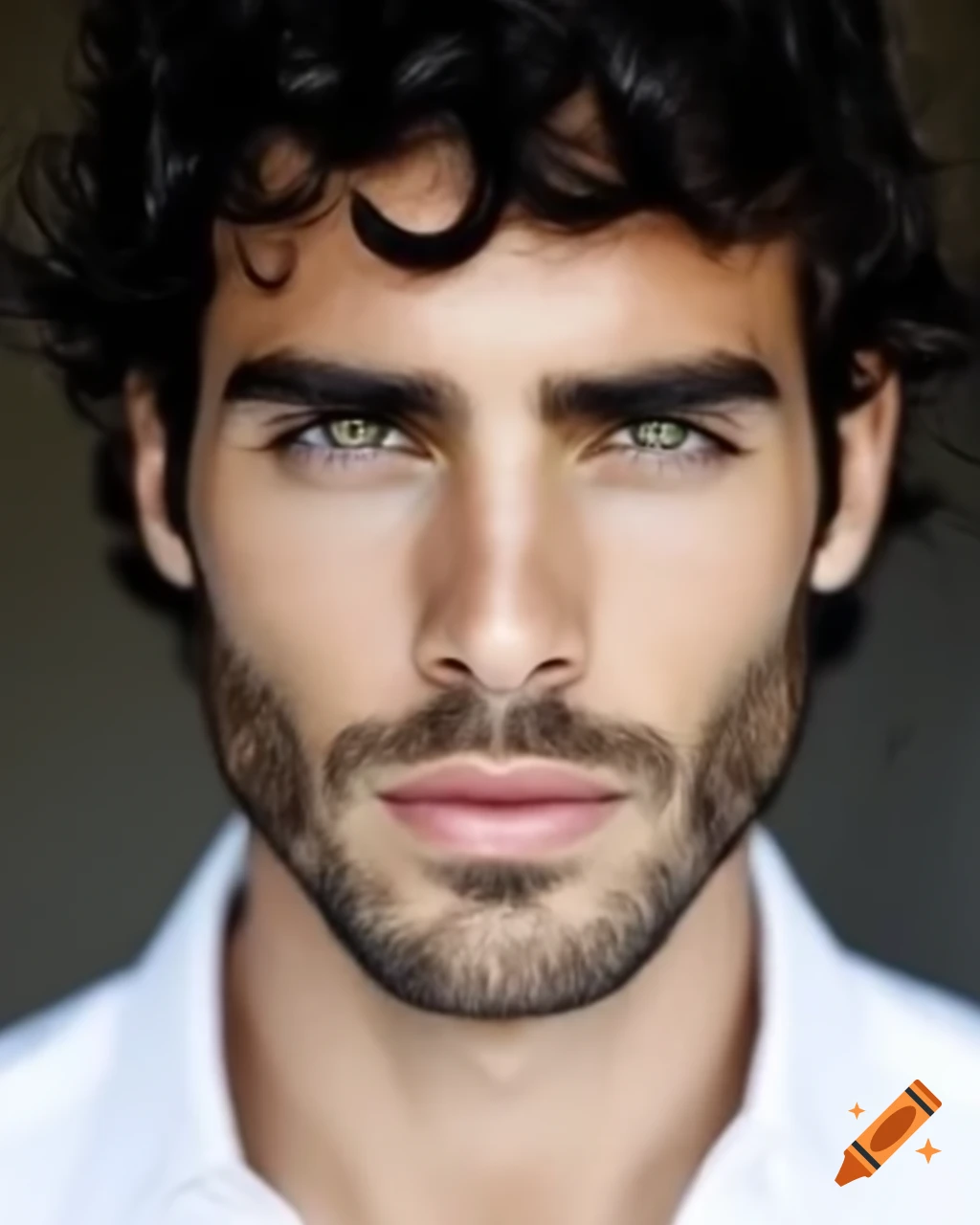 Spanish man with tan skin, dark wavy hair, and grey-green eyes wearing ...