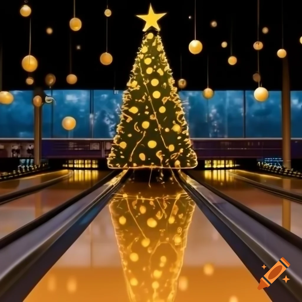 Magical christmas-themed bowling alley with large decorated tree on Craiyon