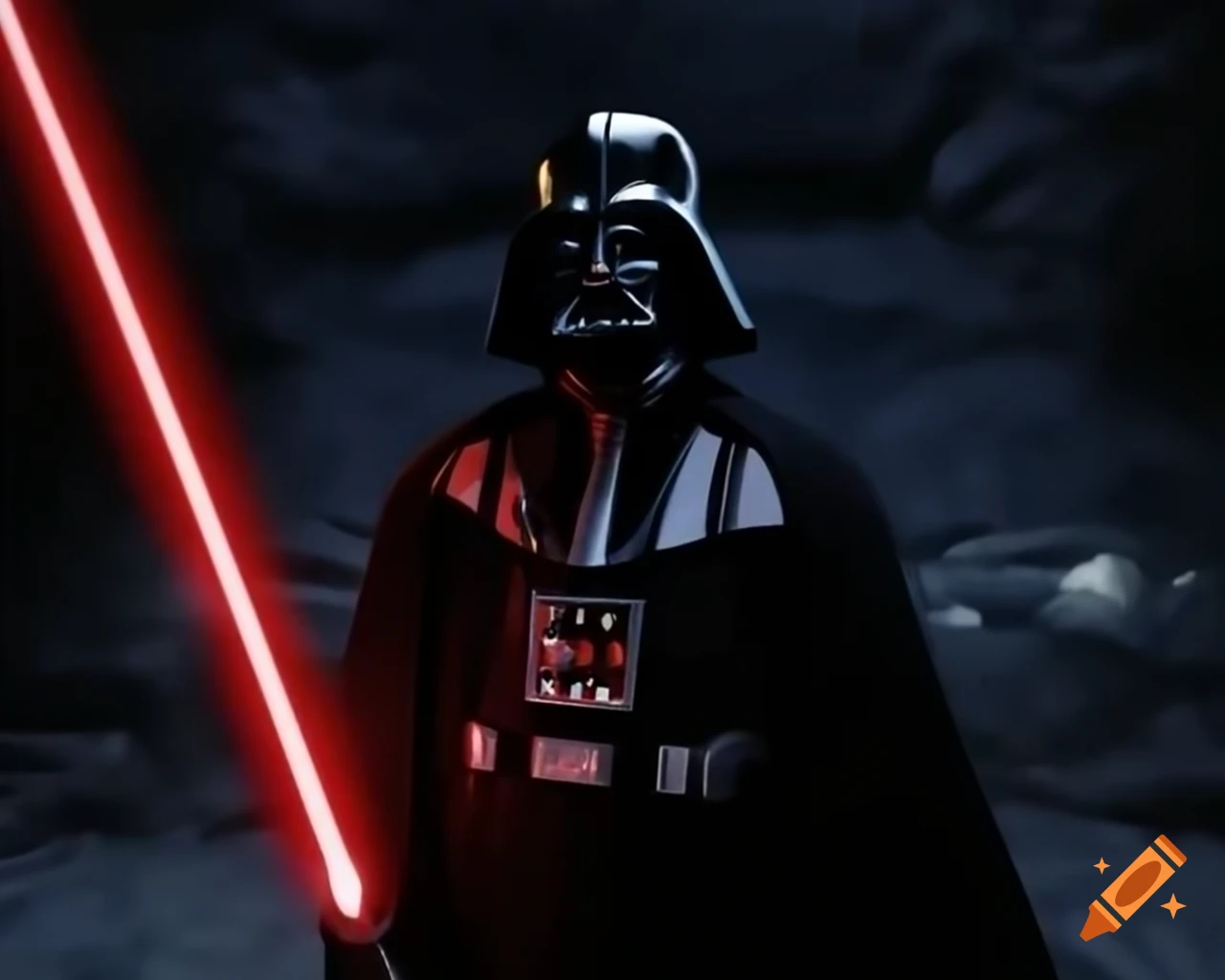 Darth Vader with lightsaber at cavern's mouth, Jedi Knight preparing ...