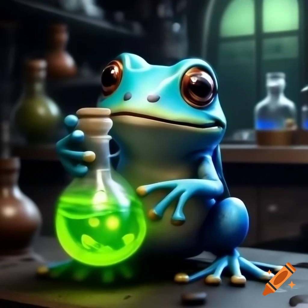 Cute blue frog with large eyes offering glowing potion in medieval ...