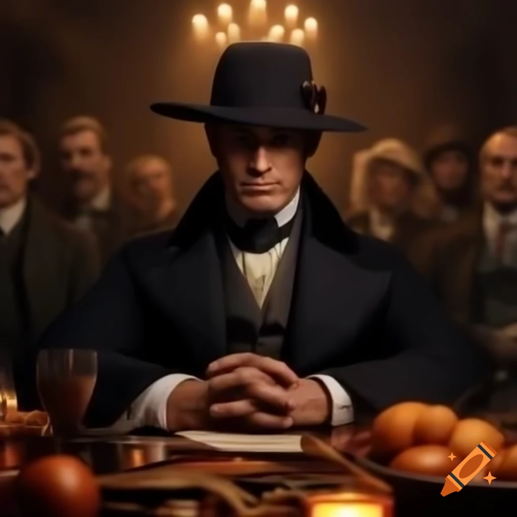 Rugged reverend in pilgrim attire at Thanksgiving table on Craiyon