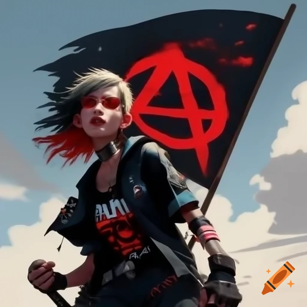 Young woman in punk-rock style waving black and red anarchist flag on ...
