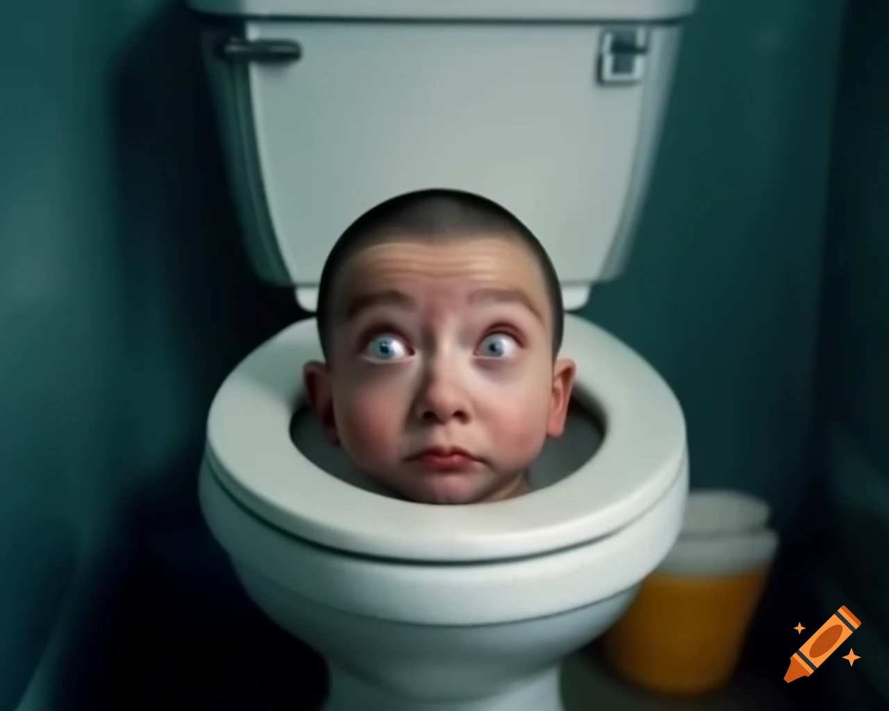 Humorous scene of a head peeking out from a toilet bowl on Craiyon