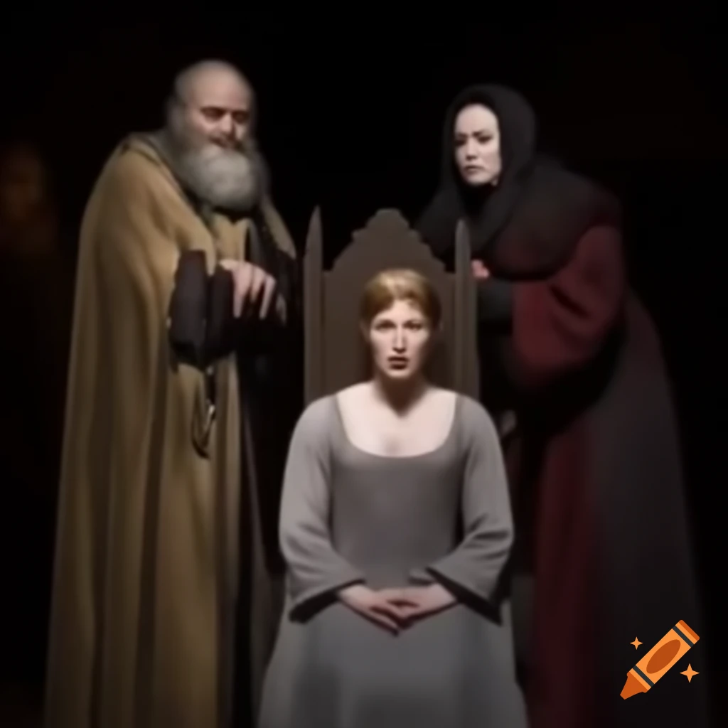 Lady macbeth manipulating macbeth during witches' prophecy scene on Craiyon