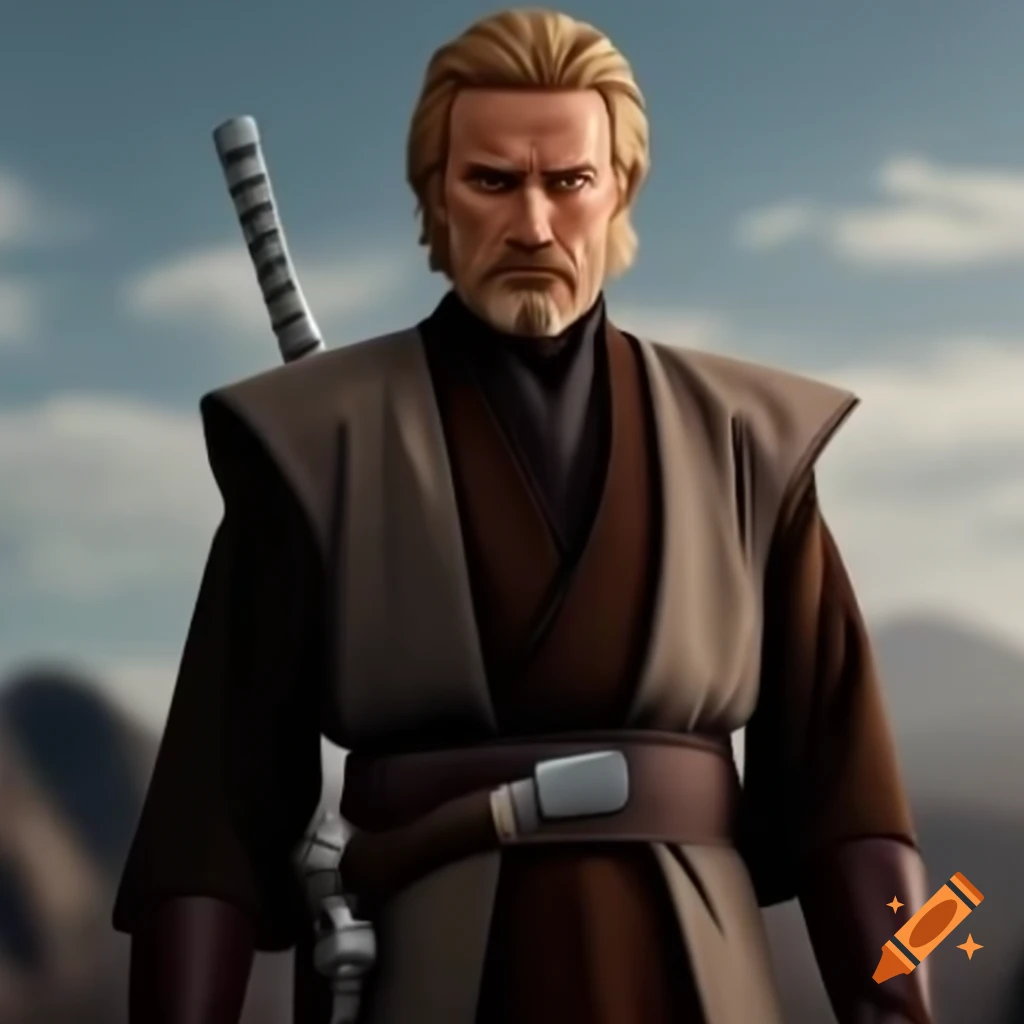 Minato Namikaze and Obi-Wan Kenobi fusion in Templar knight Saiyan armor with sword on Craiyon