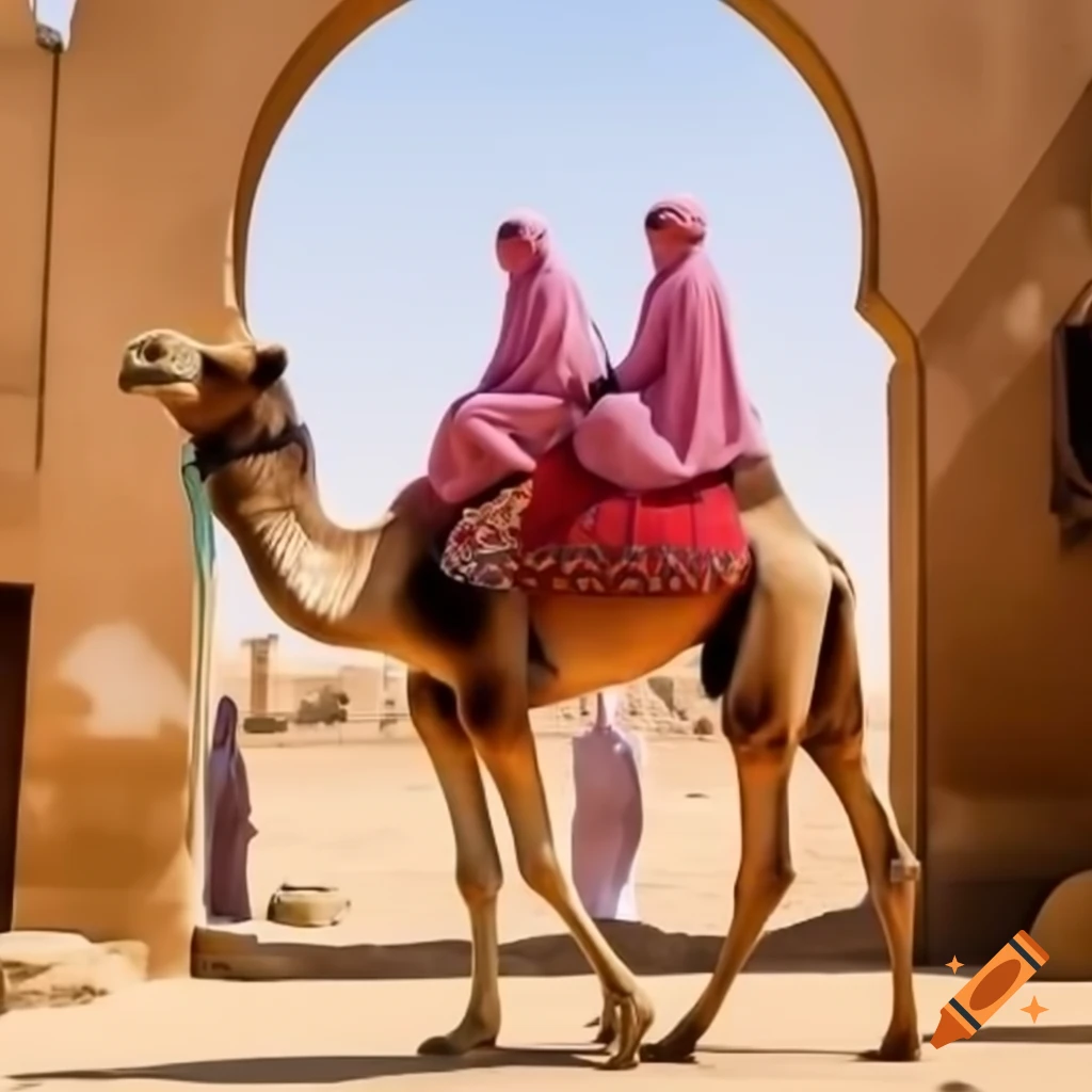 Camel with howdah carrying two Arab women in vintage cartoon style on ...