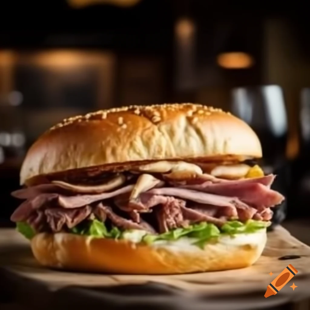 Roast beef sandwich served in a restaurant setting on Craiyon