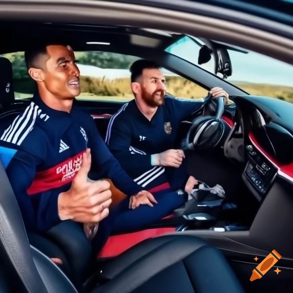 Cristiano ronaldo driving a sports car with lionel messi smiling beside ...