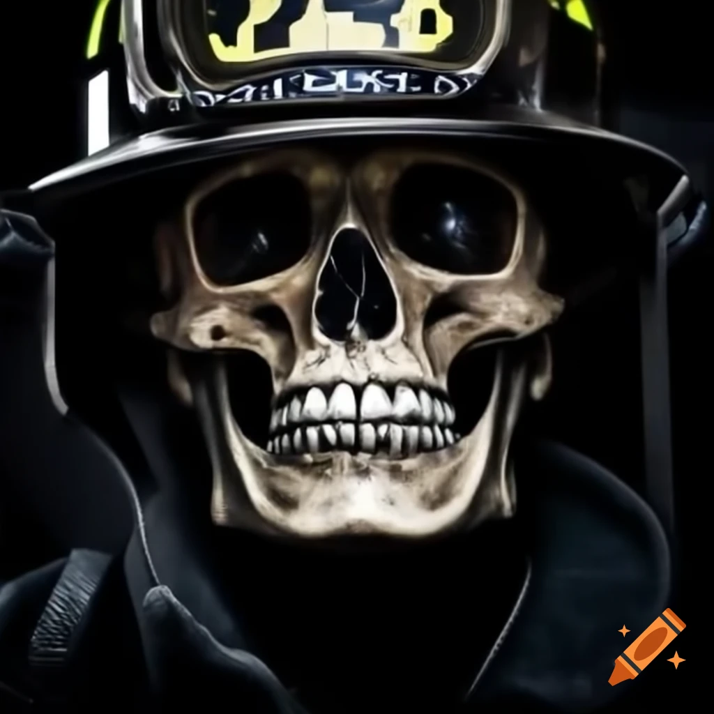 Skeleton head wearing firefighter helmet, frontal view on Craiyon