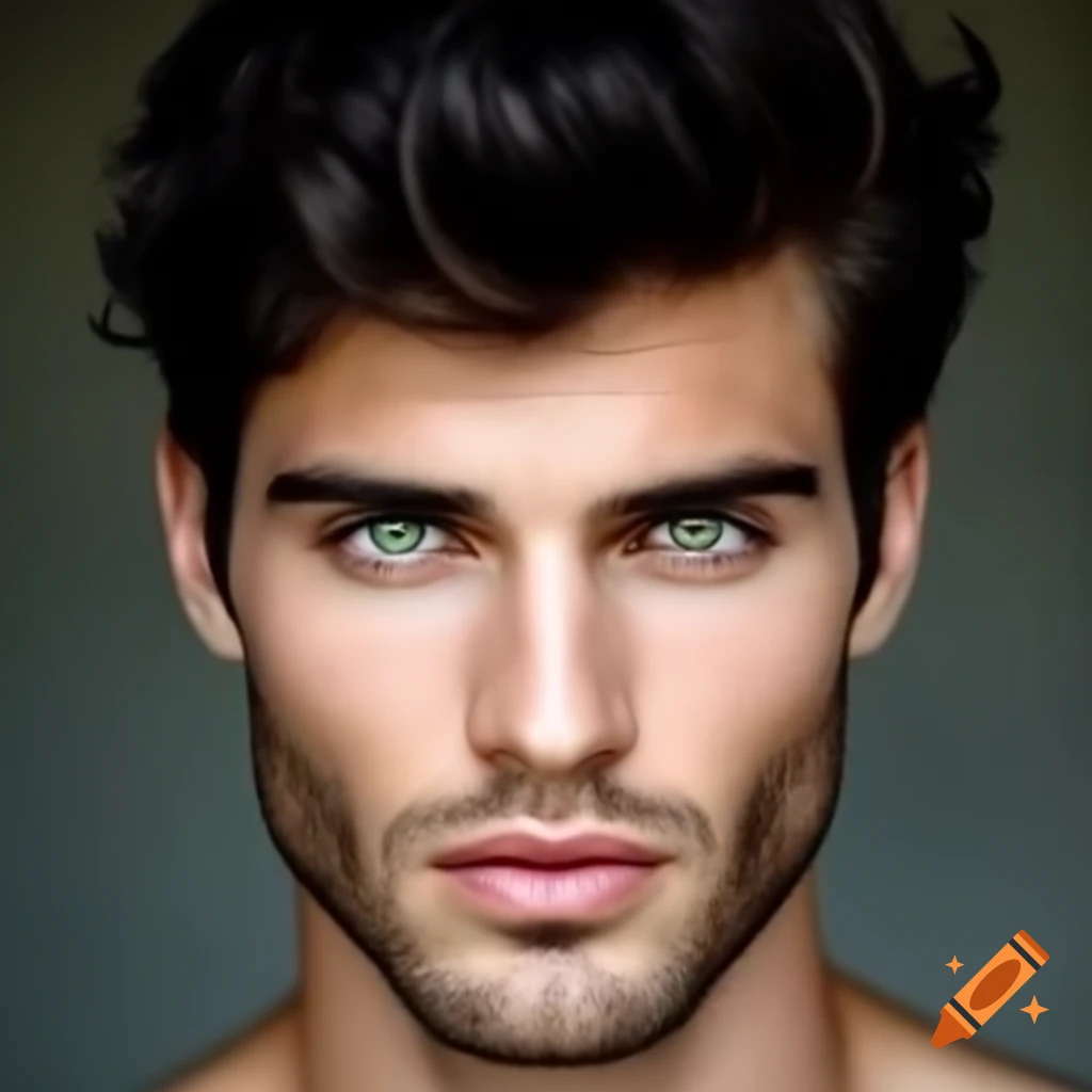 Handsome tan man with dark wavy hair and grey-green eyes on Craiyon