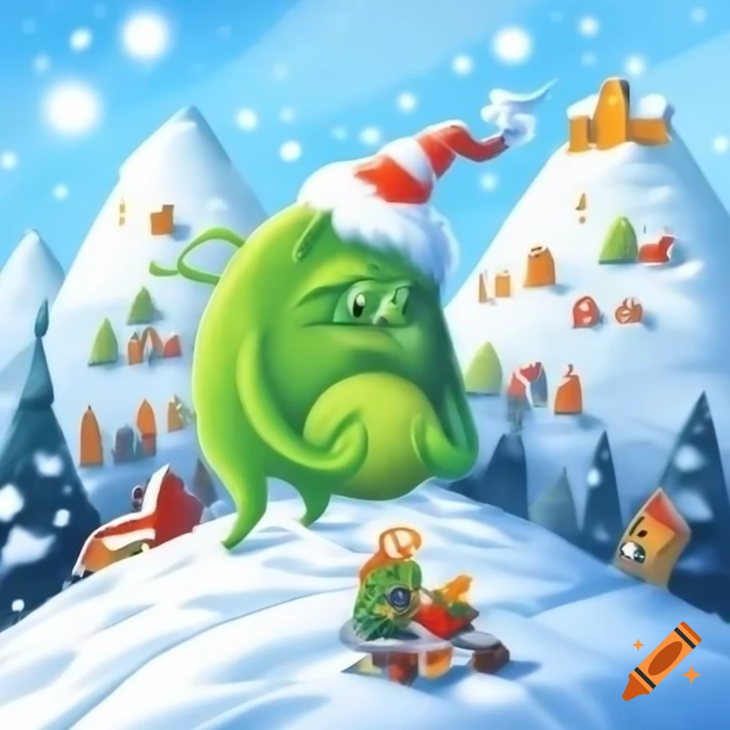 Grumpy green creature overlooking colorful Whoville during Christmas ...