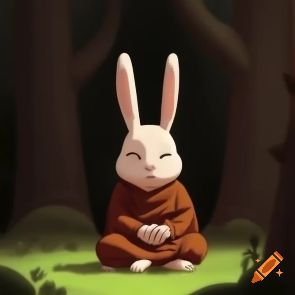 Anthropomorphic rabbit in monk robes meditating in woods, woodcut style ...