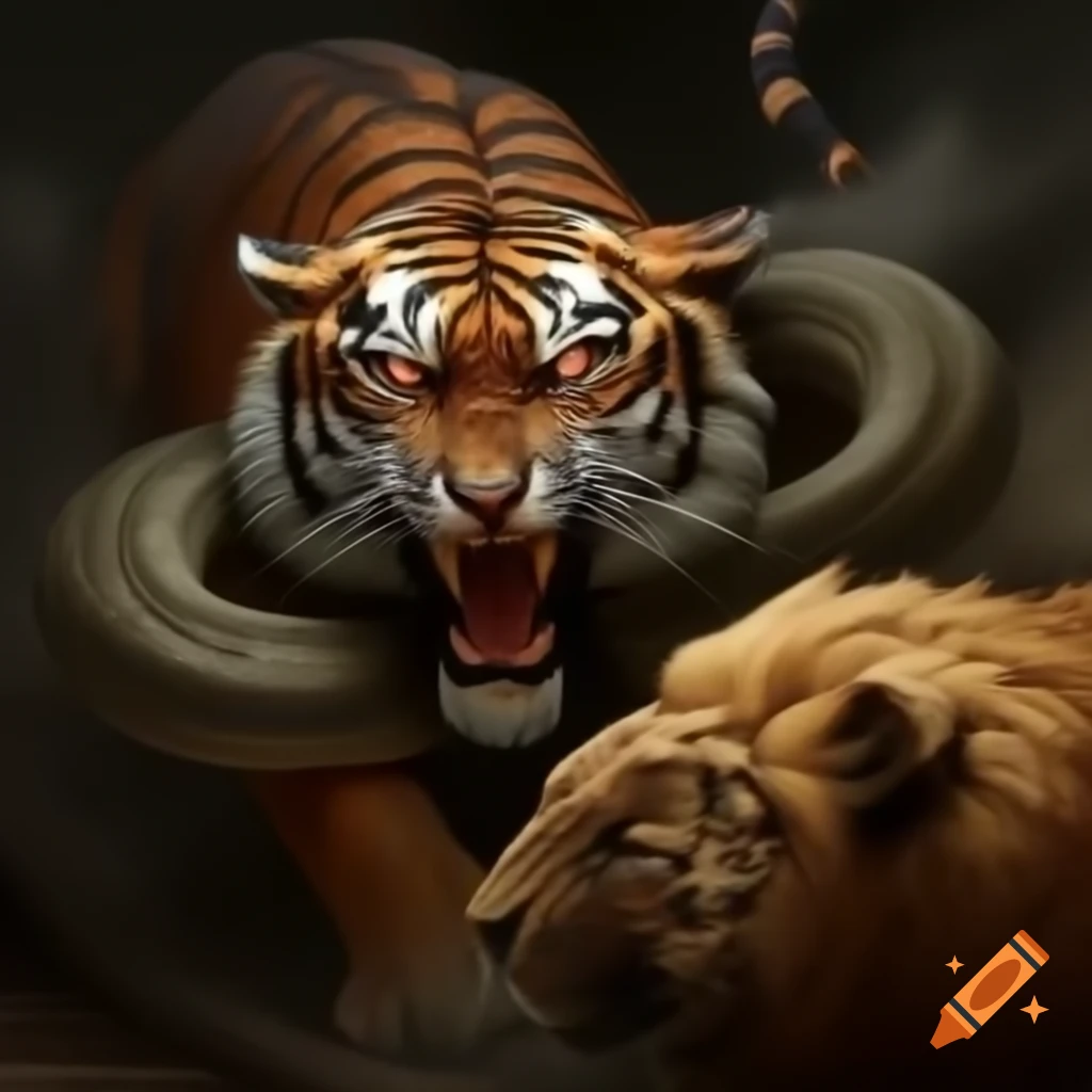 Sabertooth tiger battling a lion with a cobra wrapped around it on Craiyon