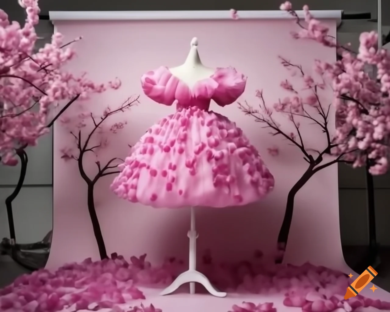 Dress made of pink flowers on mannequin surrounded by spring trees in ...