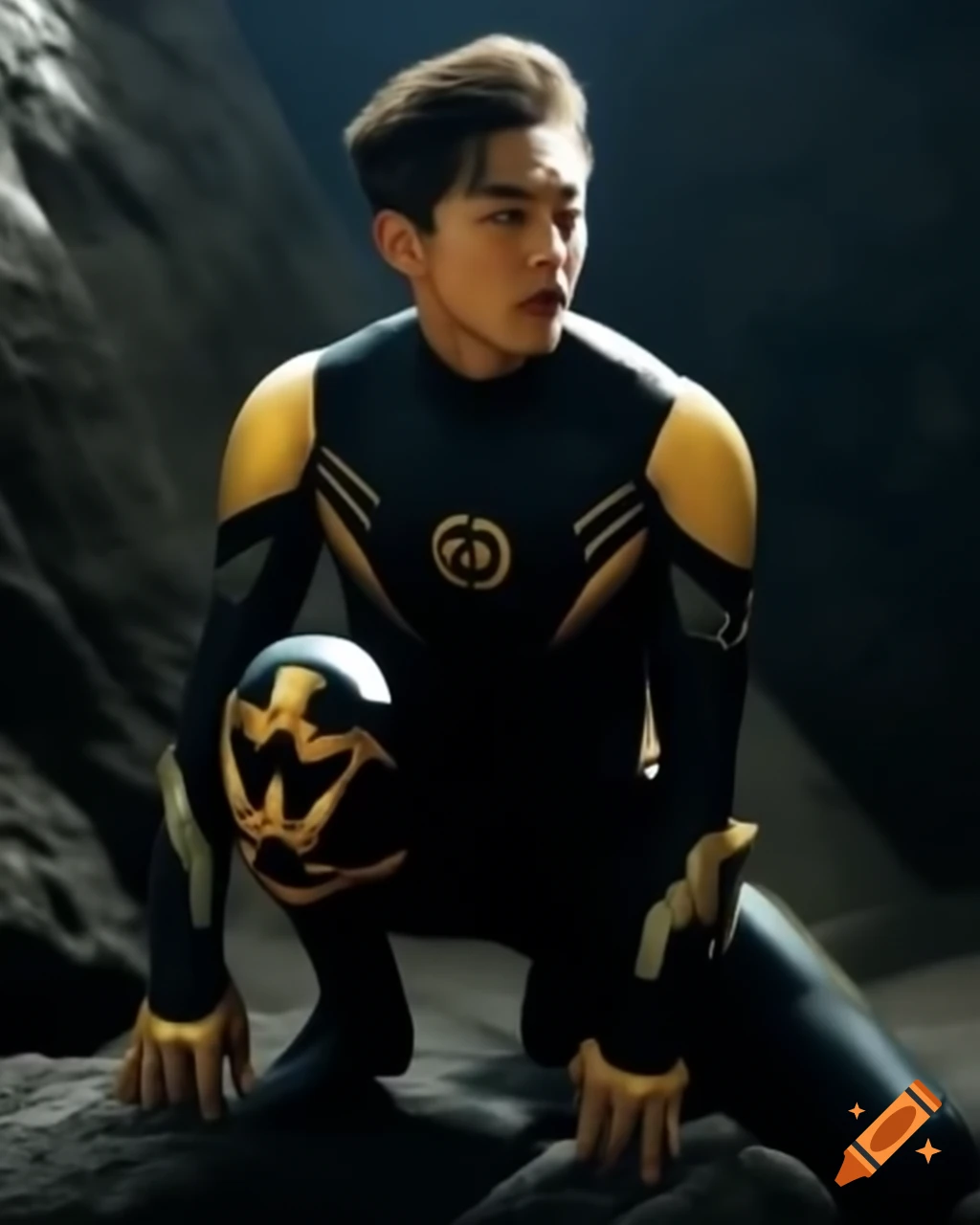 Young Korean superhero in dynamic crouching pose on rocky surface, high ...