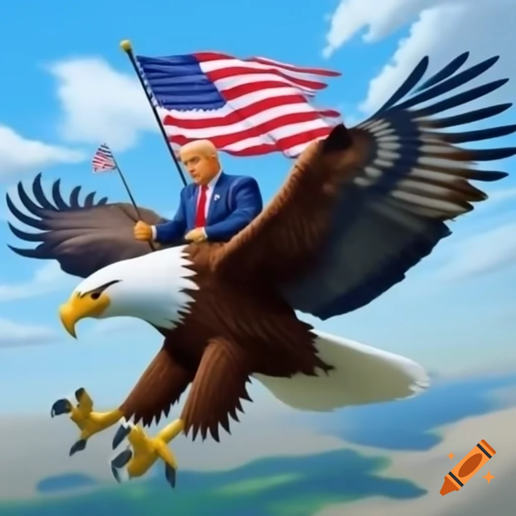 Satirical illustration of Donald Trump riding an eagle with American ...