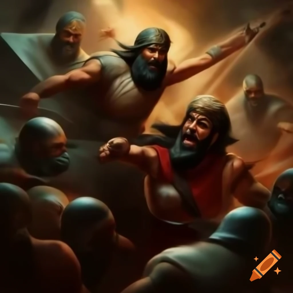Artistic depiction of Hazrat Ali in a duel with fierce warrior on Craiyon