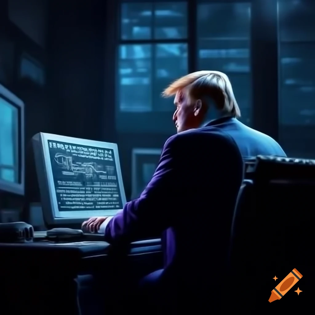 Political figure working on computer in dark room, colorized art on Craiyon