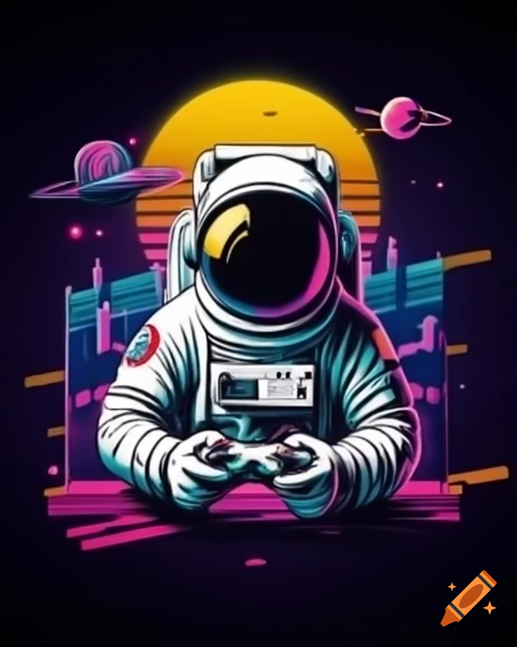 Spaceman playing video games on old console in retro poster style on ...