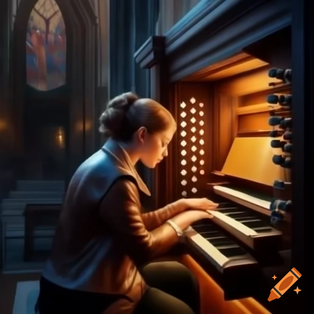 Woman in leather jacket playing pipe organ inside majestic cathedral on ...