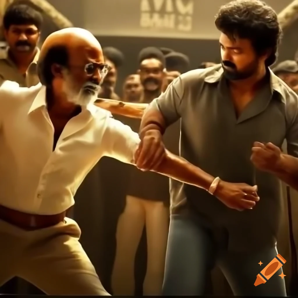 Actor Rajinikanth in a fight scene with Vijay in a mafia setting on Craiyon
