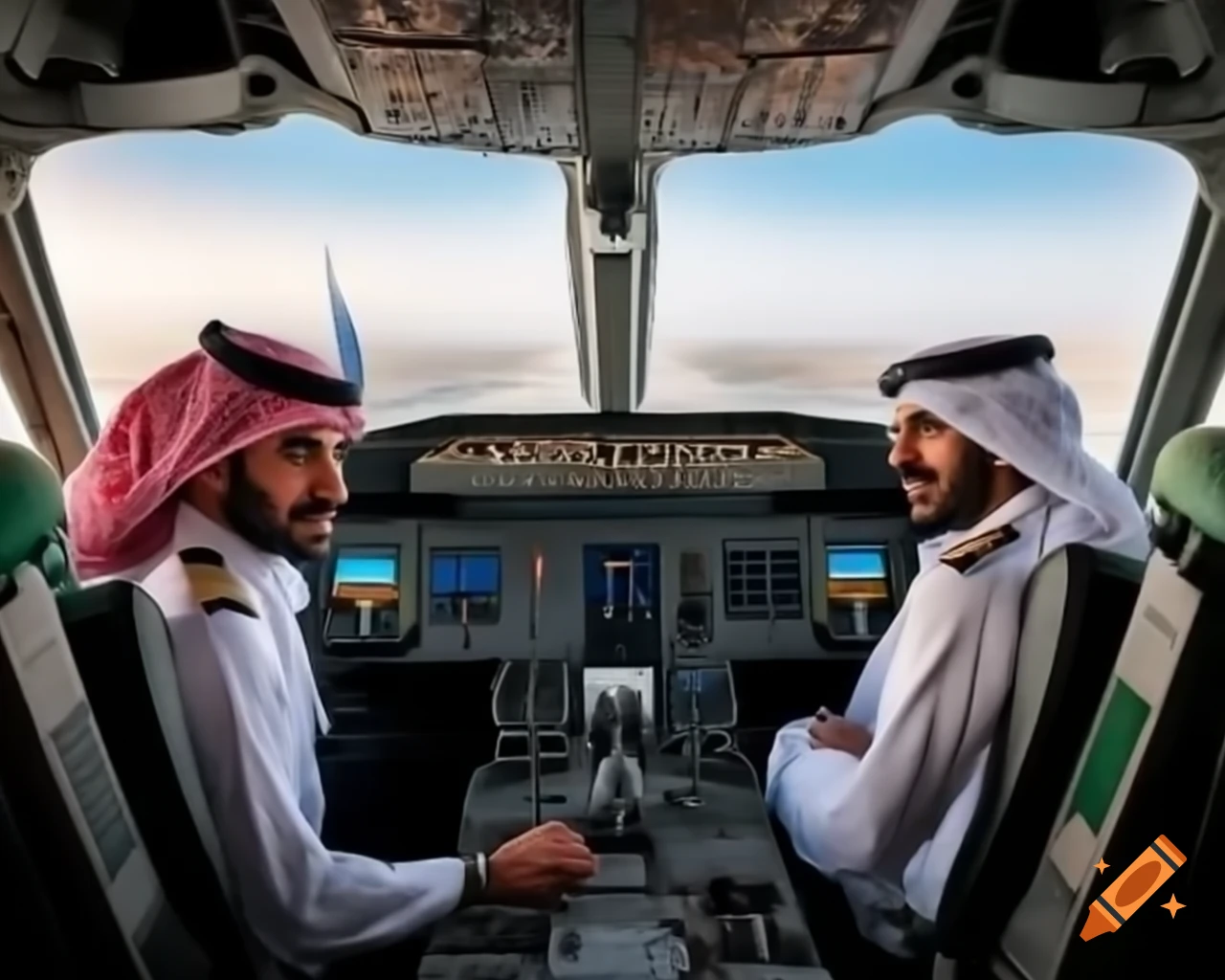 Pilots in middle eastern attire navigating airplane towards tower from ...