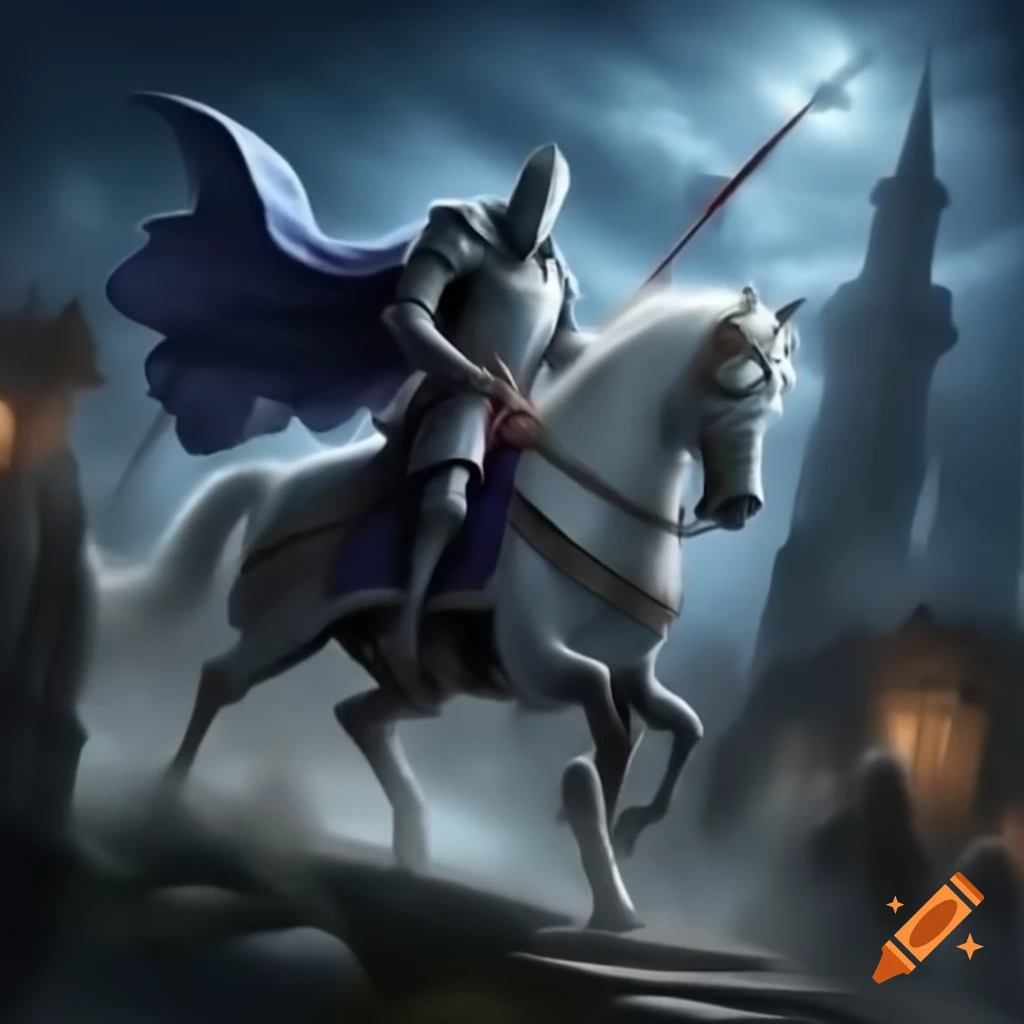 Templar knight riding white horse through ancient city at night with ...
