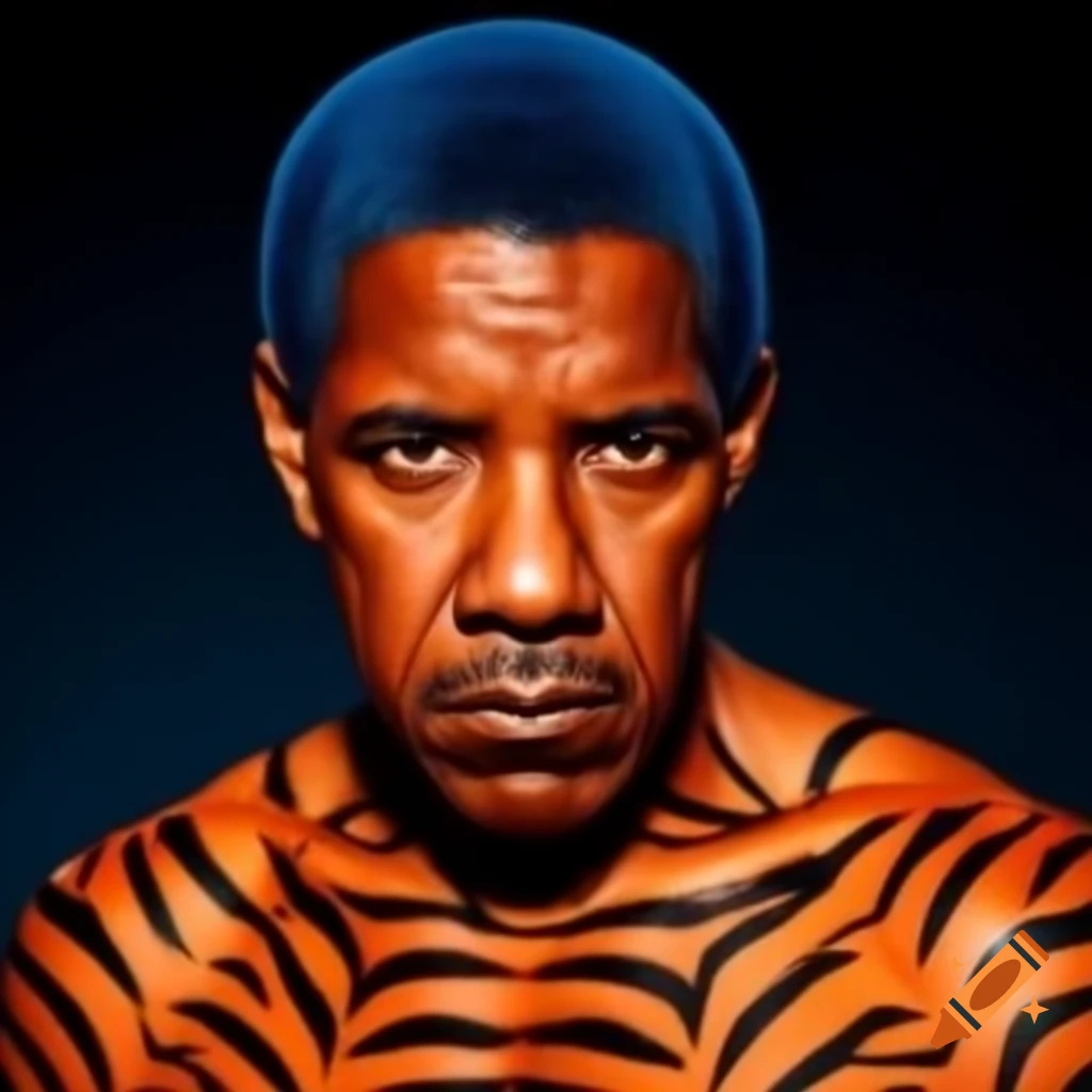 Muscular man with tiger-style makeup and blue hair, orange skin with ...