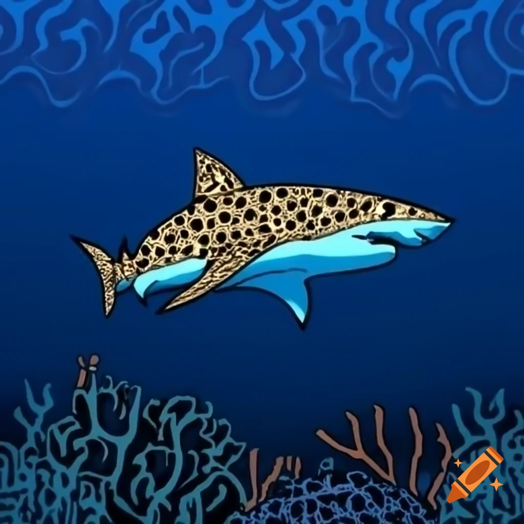 Leopard-spotted shark swimming through ocean near coral reef on Craiyon