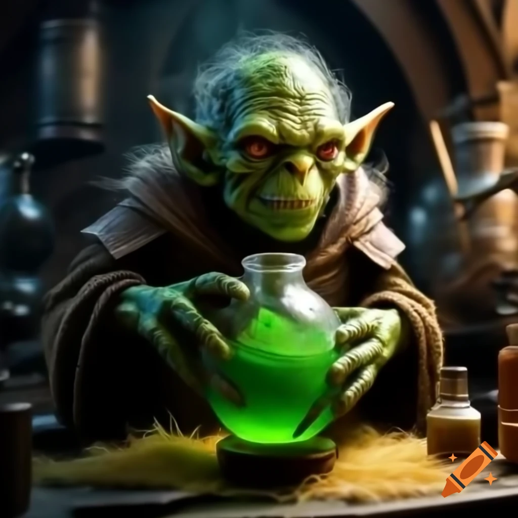 Evil goblin alchemist sipping green healing potion in medieval lab on ...