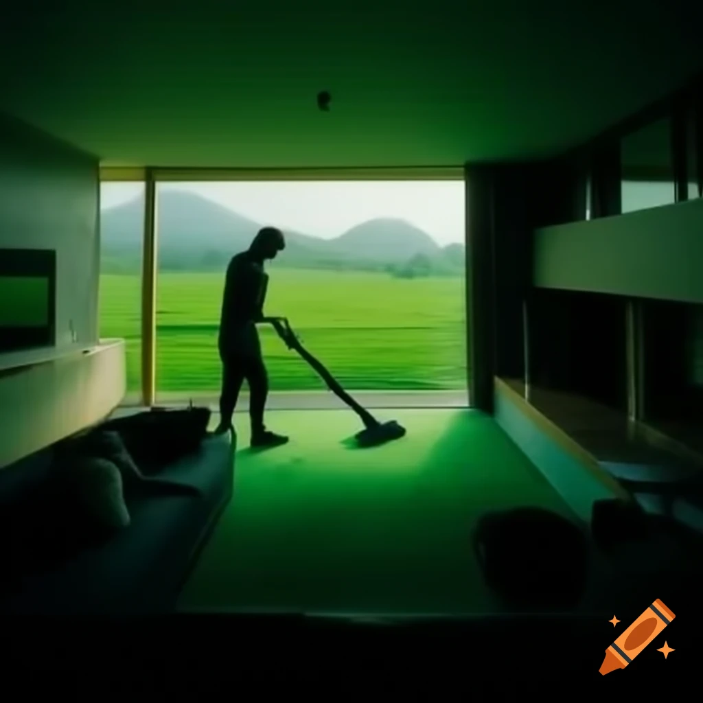 Person vacuuming with a green light projection from vacuum cleaner ...