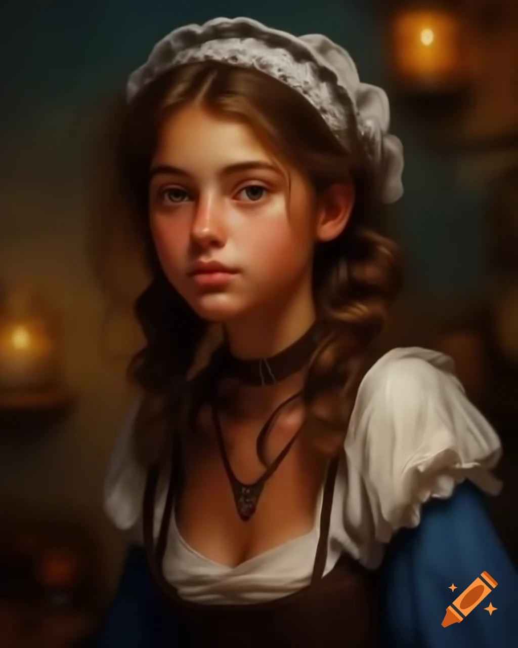 Young human woman in a fantasy setting, dressed as a bar maid on Craiyon