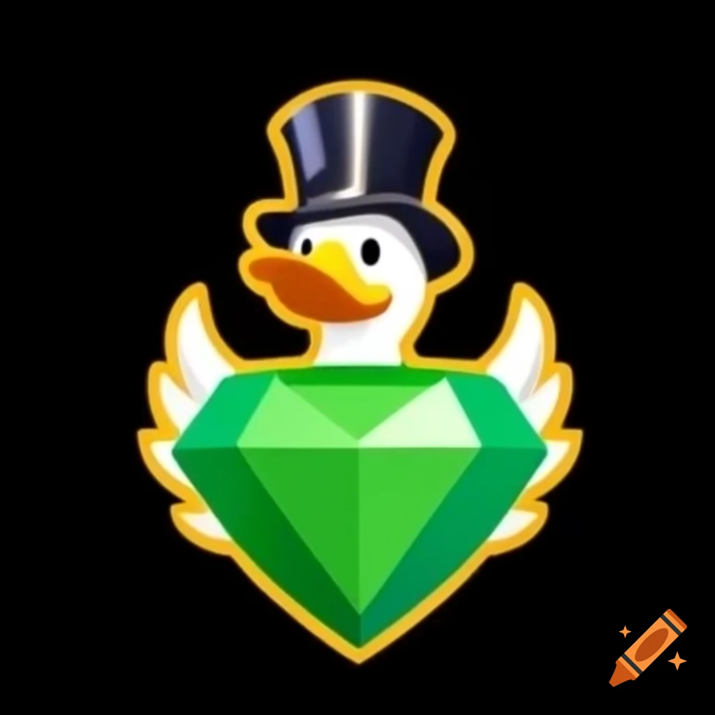 Logo for Duck Quest featuring a derpy duck in top hat with green gem on Craiyon