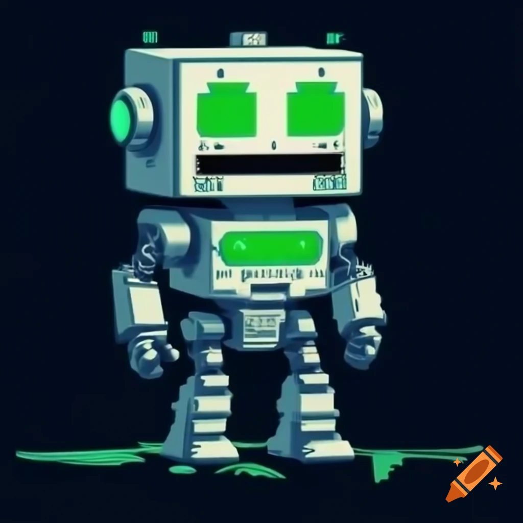 Powerful pixelated robot with retro design and bright green eyes in ...