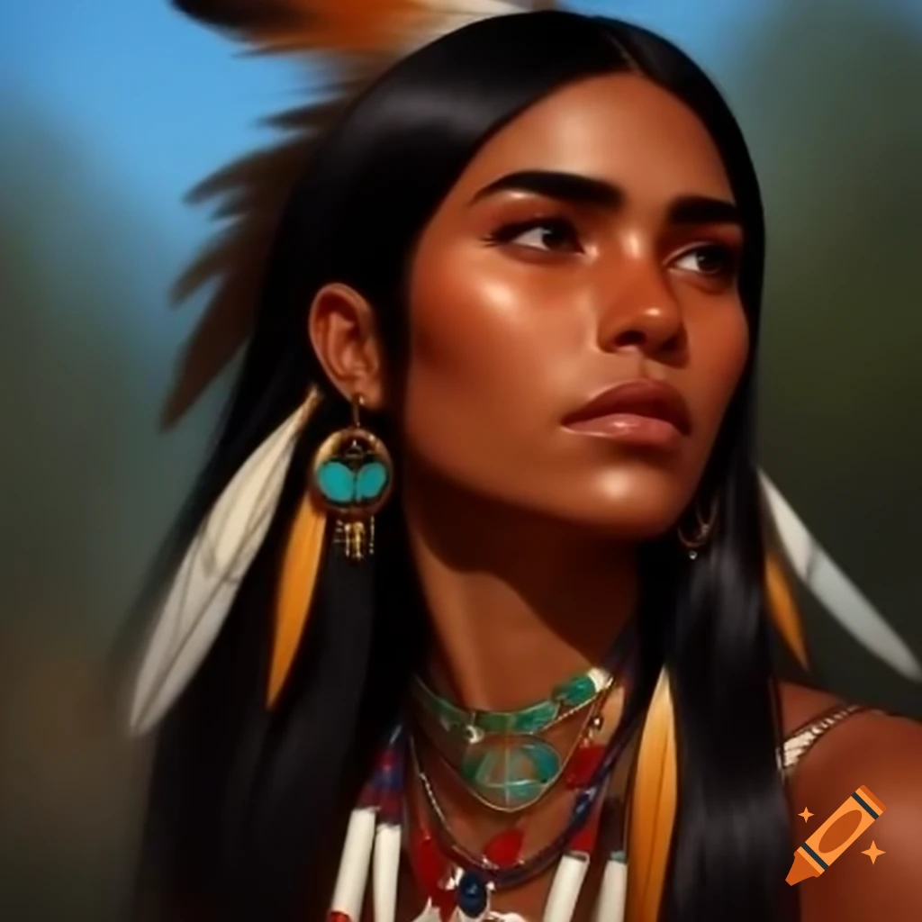 Native woman with feather necklace, looking healthy and polite on Craiyon