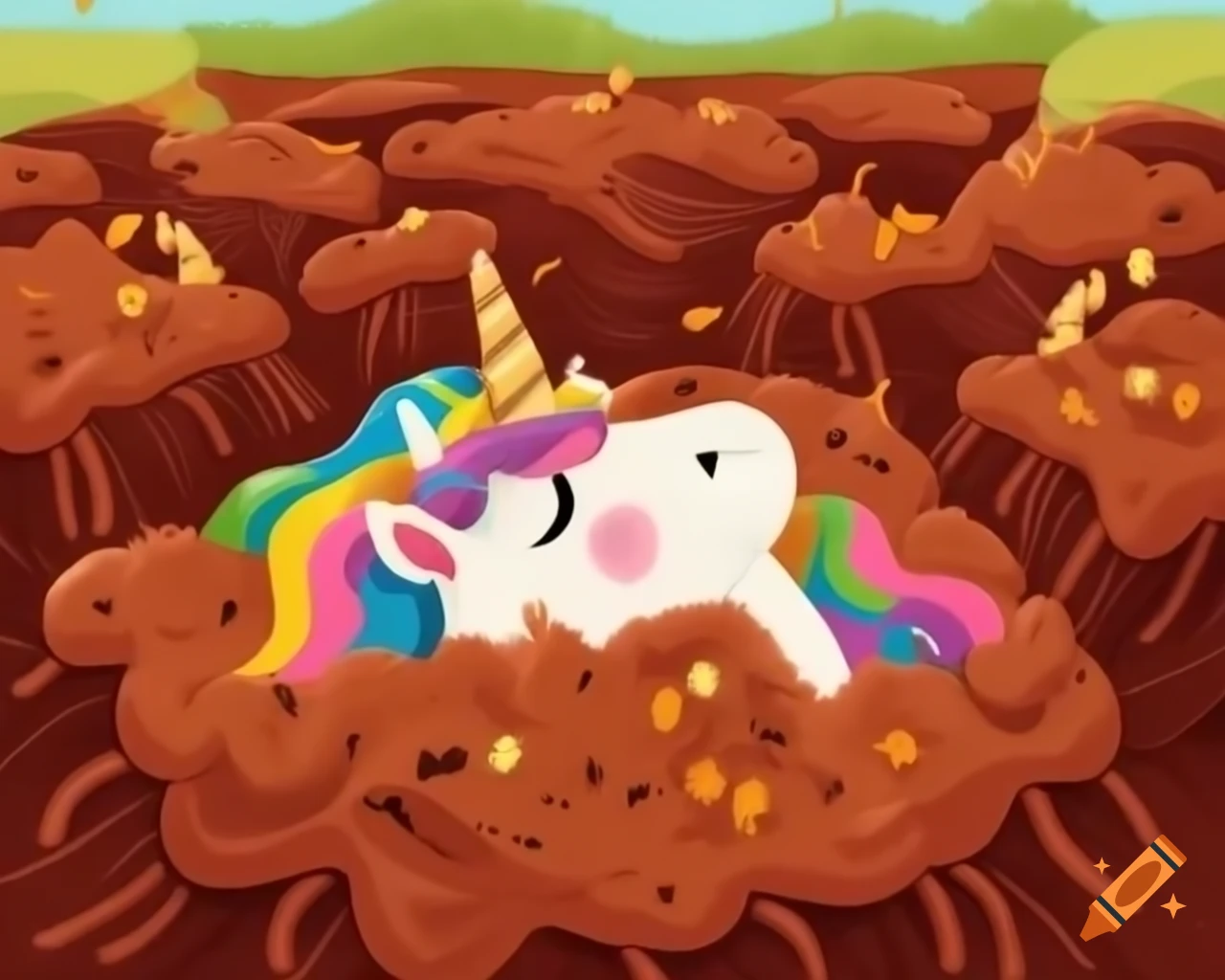 Unicorn head sinking into muddy manure heap, 2D colored drawing on Craiyon