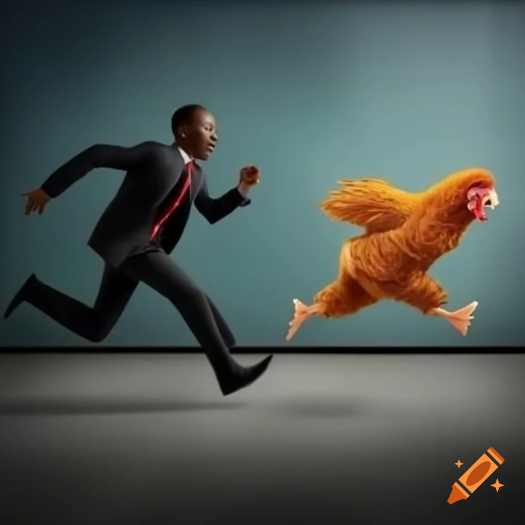 Black man humorously chasing person with animated fried chicken in a ...