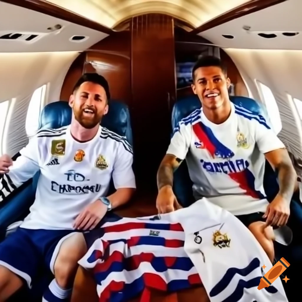 Cristiano ronaldo and lionel messi in private jet wearing real madrid and barcelona jerseys on ...